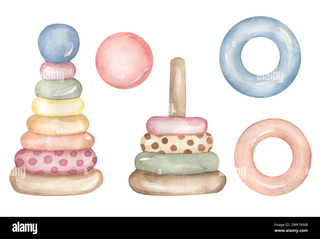 Baby Toys Clipart set, Watercolor Kids pyramid illustration, Vintage ...
