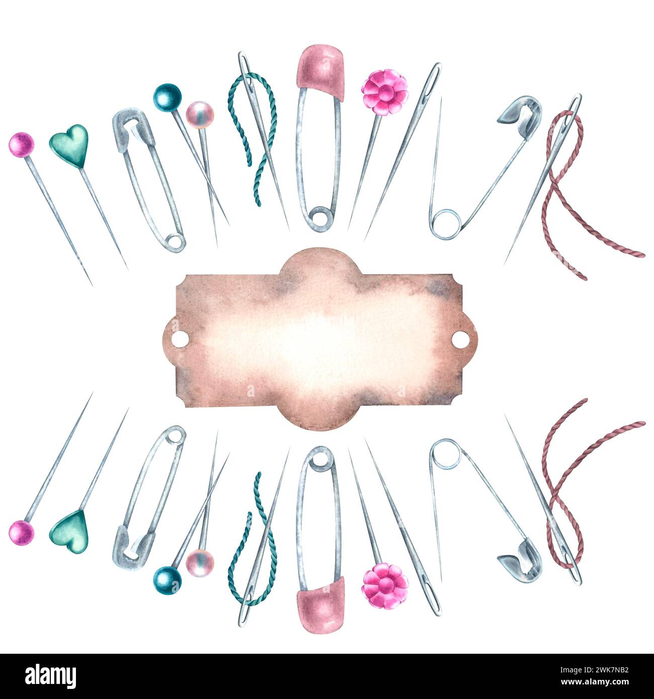 Hand drawn watercolor illustration of craft tag, needles with threads ...