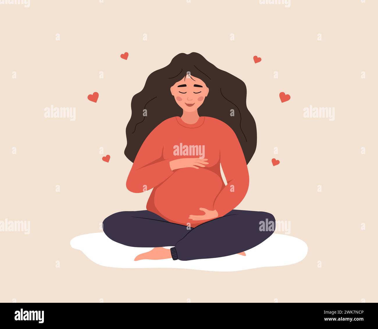 Pregnant woman in lotus position hugs her tummy. Female character ...