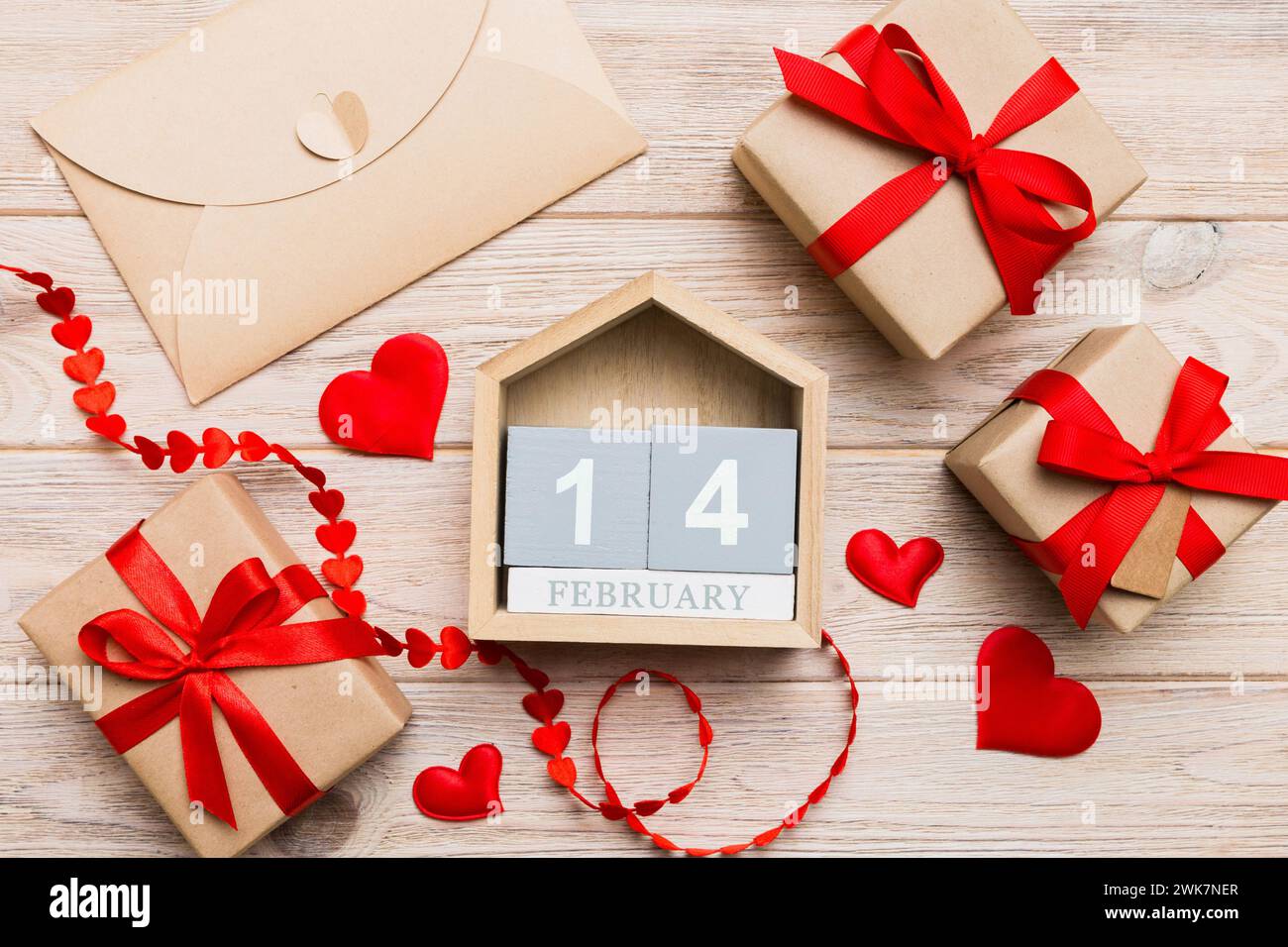 Valentine Day theme with wooden block calendar. Greeting card template ...