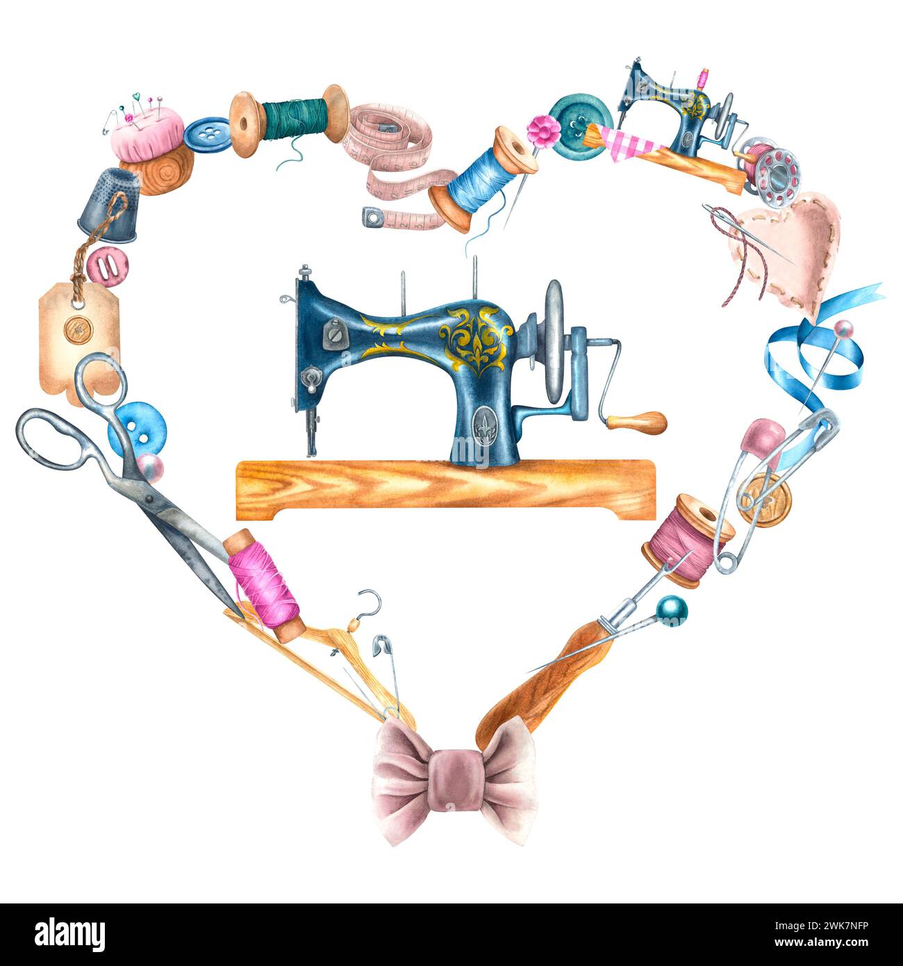 Heart shape wreath with bow and sewing machine in the center of it ...