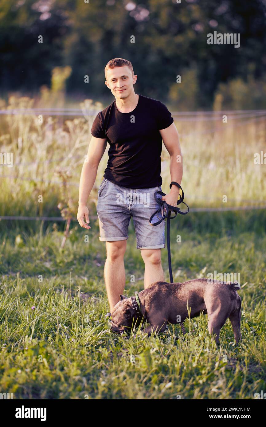 American bully dog breed on walk with European man of about 20 years ...