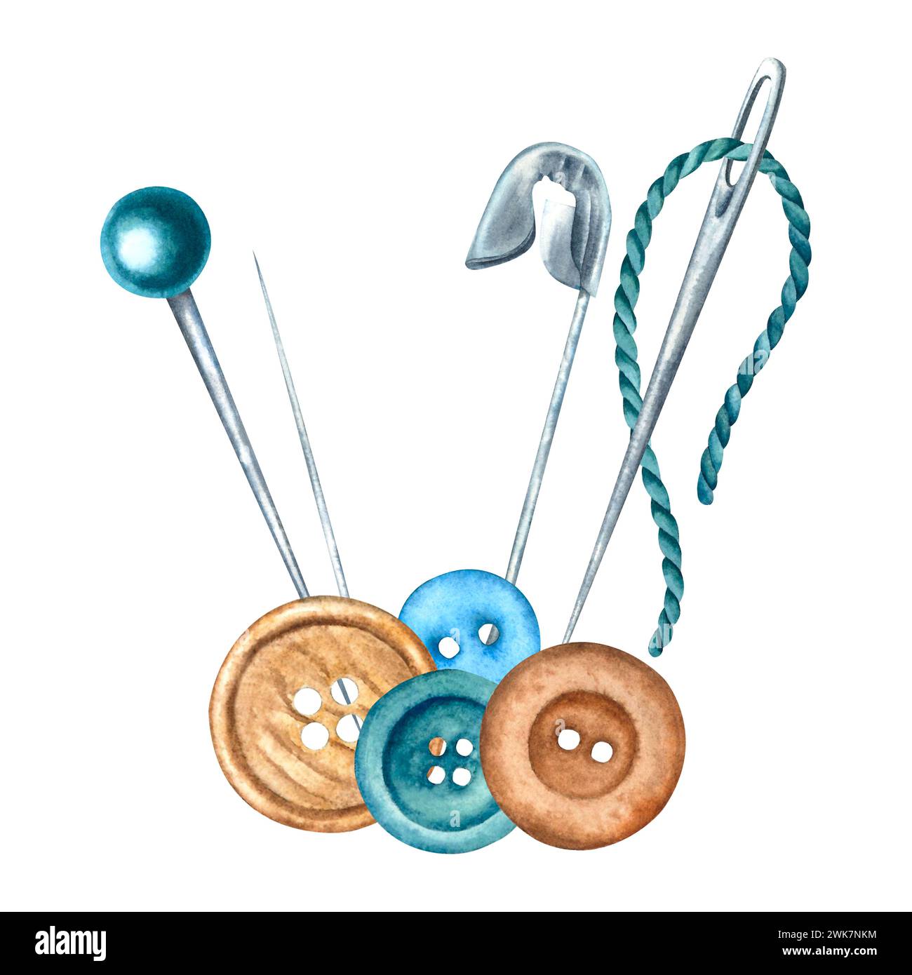 Safety pin, needle and thread, plastic head pin, buttons. Hand drawn ...