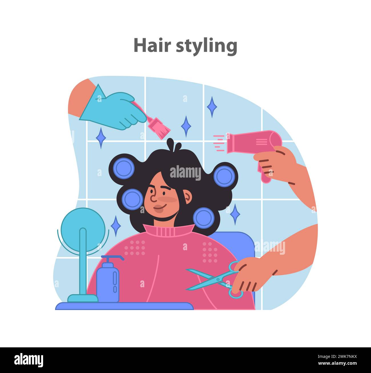 Chic hair styling session. A smiling woman enjoys a hair transformation ...