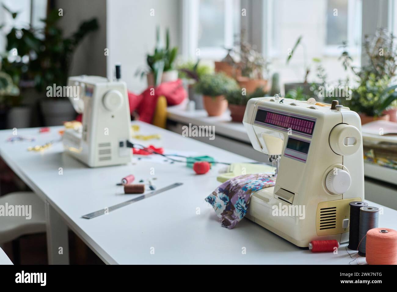 Background image of atelier workshop interior with sewing machines, no ...