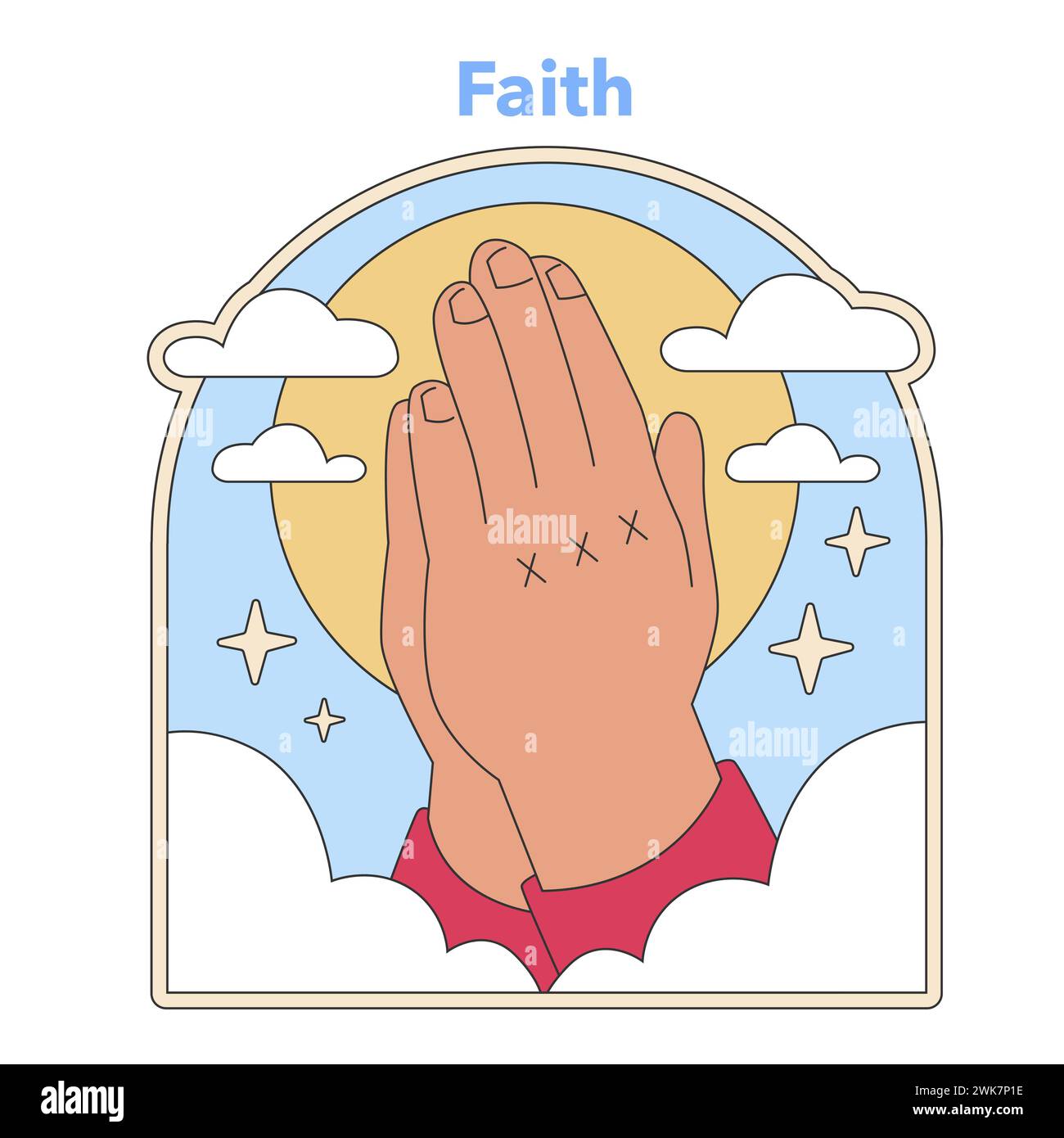 Faith symbolized. Praying hands clasped in front of a radiant backdrop ...
