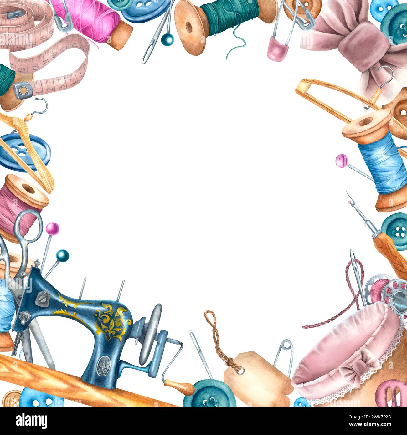 Square frame of sewing accessories. Hand drawn watercolor illustration ...