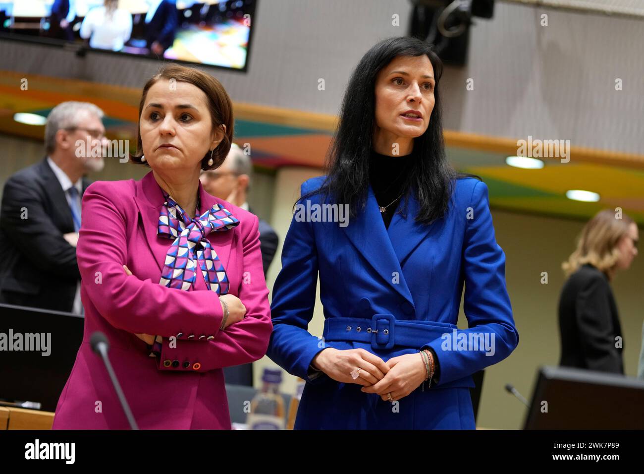 Bulgaria's Foreign Minister Mariya Gabriel, right, speaks with Romania ...