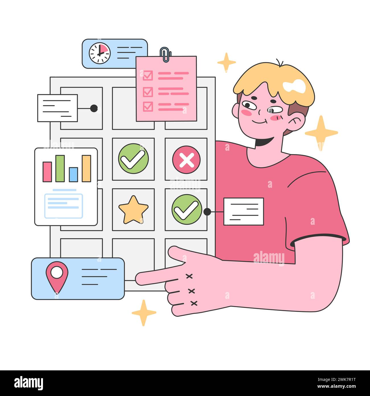 Efficient task management concept. Young man with a structured board ...