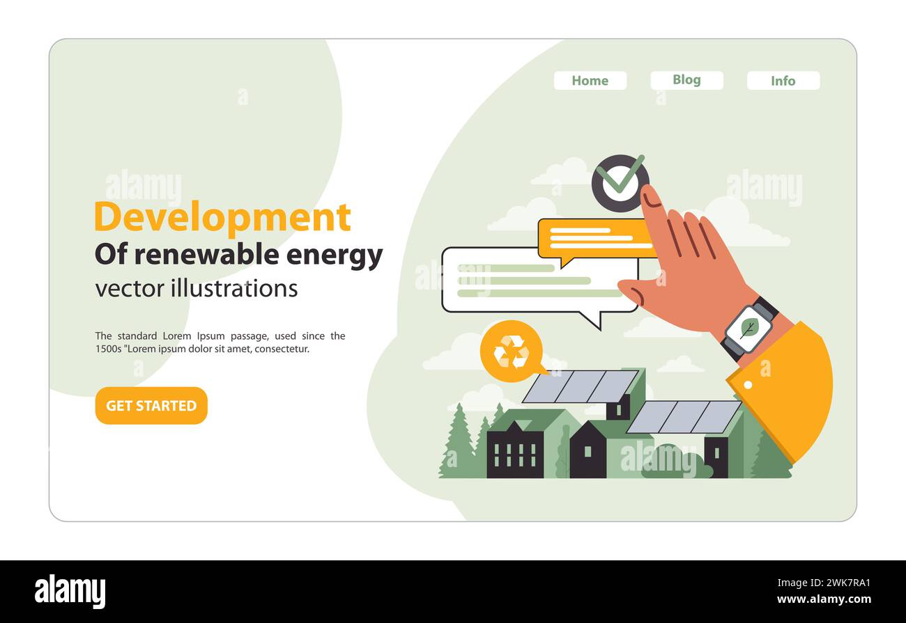 Hand points to dialogue on renewable energy development. Solar panels ...