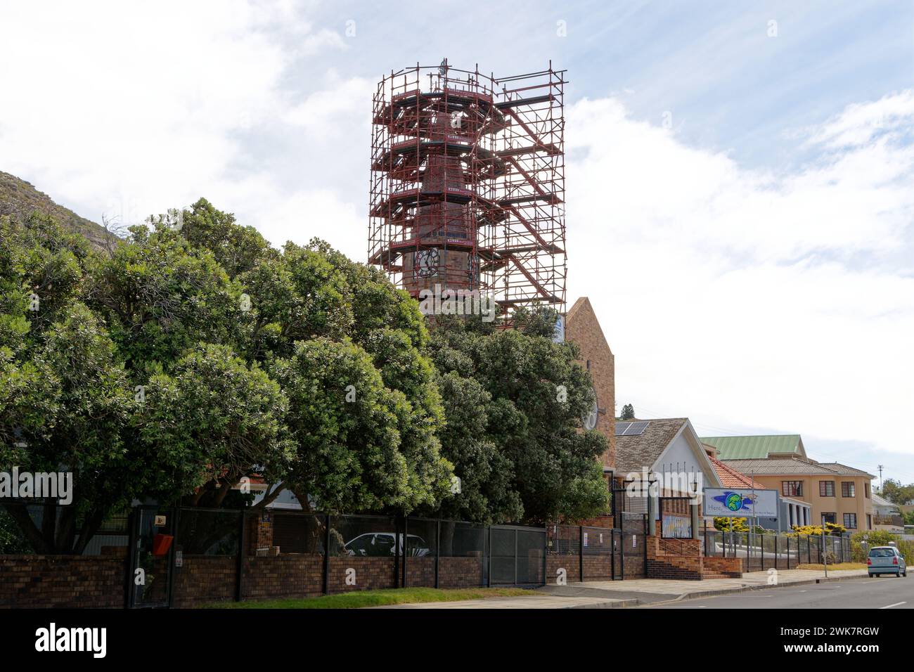 Church Steeple -Scaffolding Surround - side view of church and ...