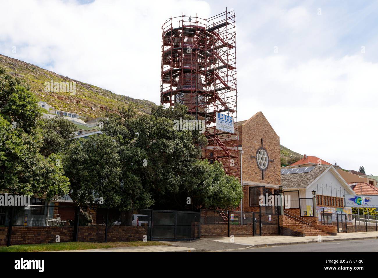 Church Steeple -Scaffolding Surround - side view of church and ...