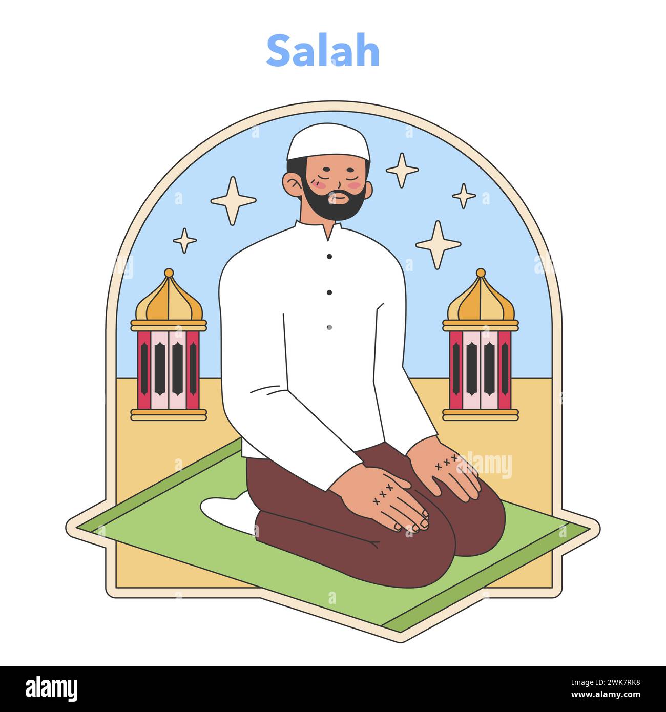 Salah practice illustration. A man in peaceful prayer on a rug ...