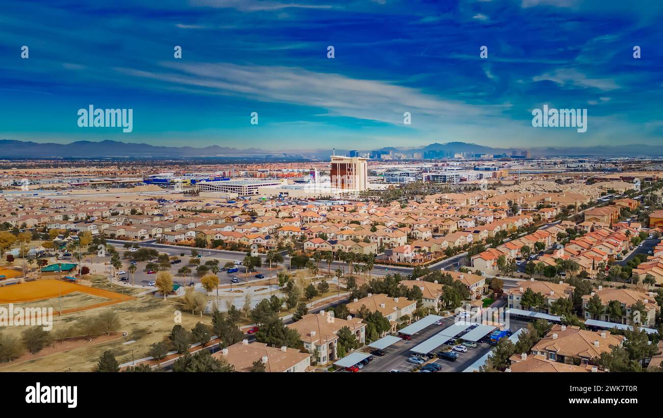 An aerial view of Las Vegas suburb with Durango Resort in mid-ground ...