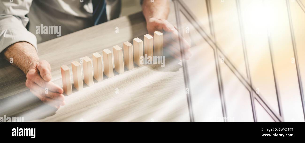 Business control concept by stopping domino effect; multiple exposure ...