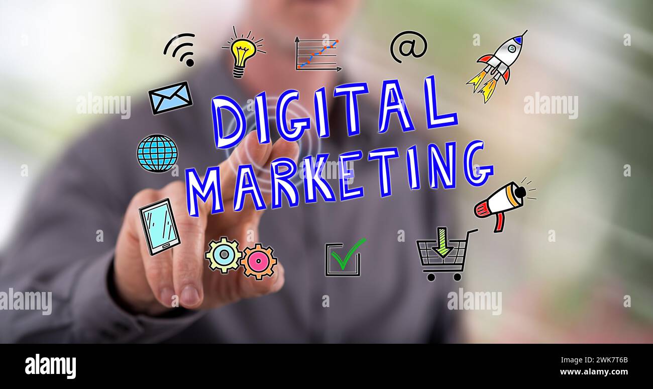 Man touching a digital marketing concept on a touch screen with his ...