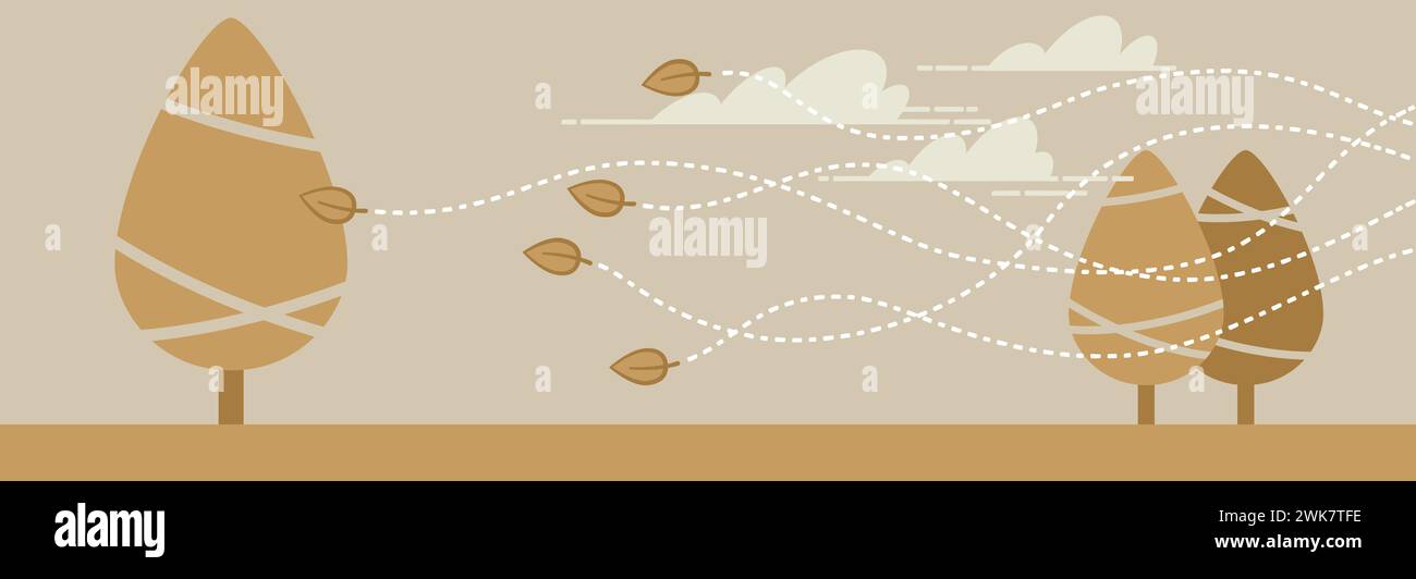 Banner of an autumn landscape with leaves blown by the wind. Drawing ...