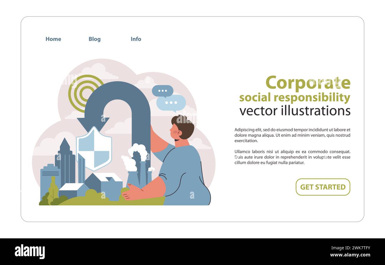CSR commitment web or landing. A figure upholds environmental integrity amidst urban development ...