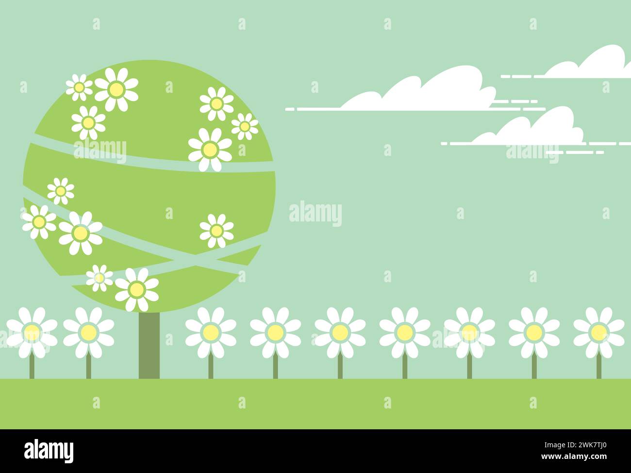 Illustration of a spring landscape with daisies in the field. Drawing ...
