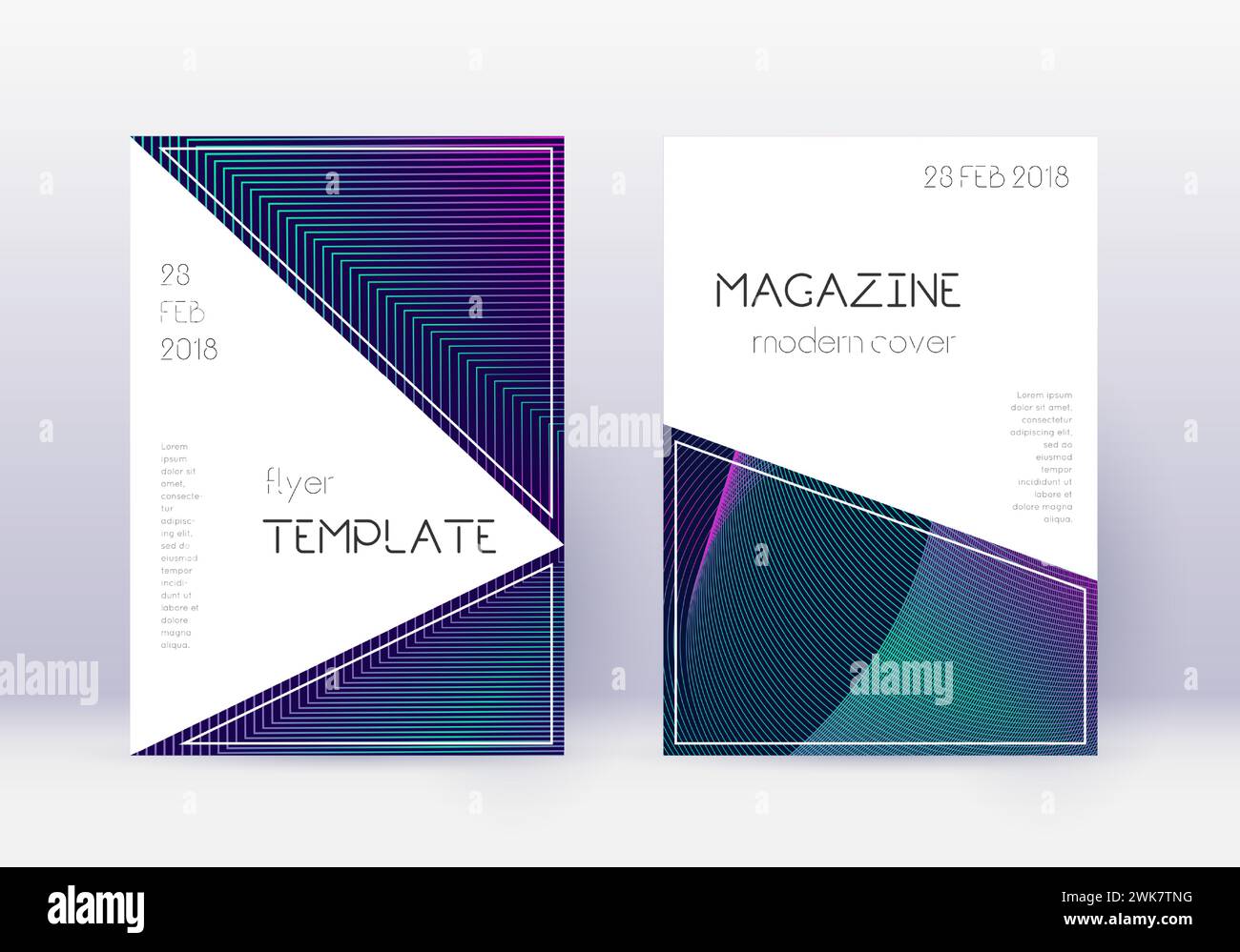 Triangle cover design template set. Neon abstract lines on dark blue ...
