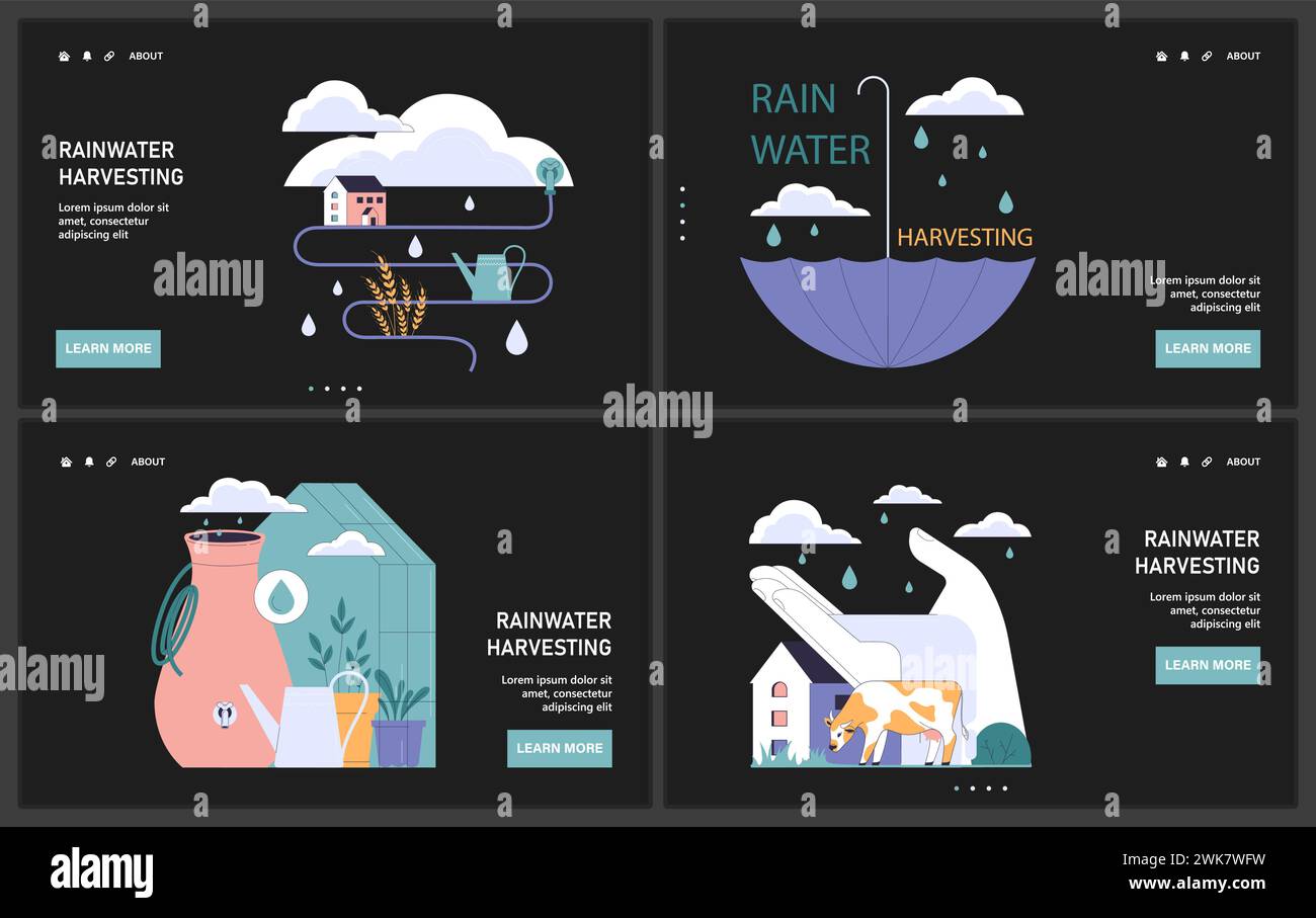 Rainwater harvesting web or landing dark or night mode set. Sustainable ... Rainwater harvesting web or landing dark or night mode set. Sustainable ...
