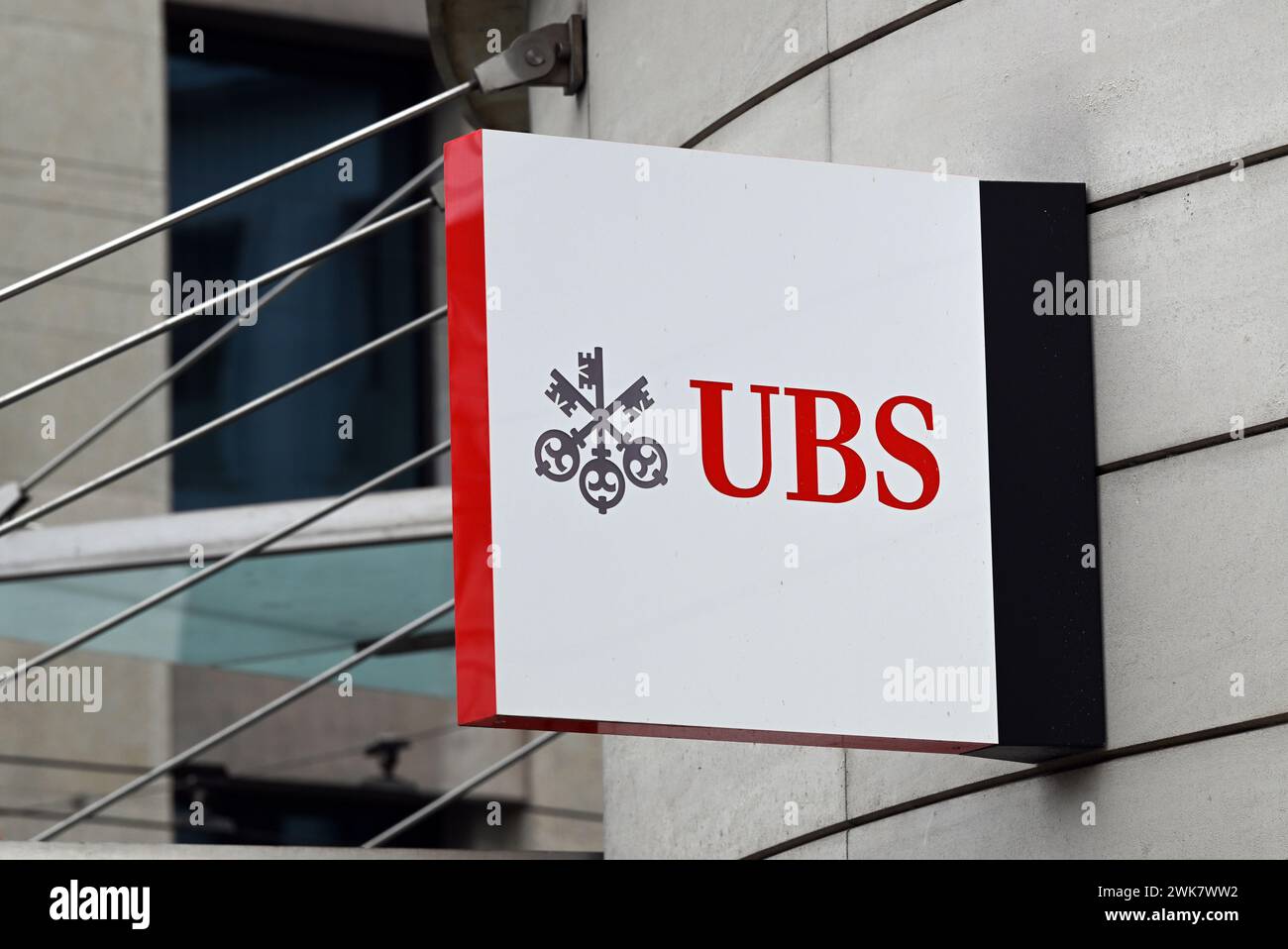 A sign of UBS is seen on a building in Geneva, on 18 February 2024 ...