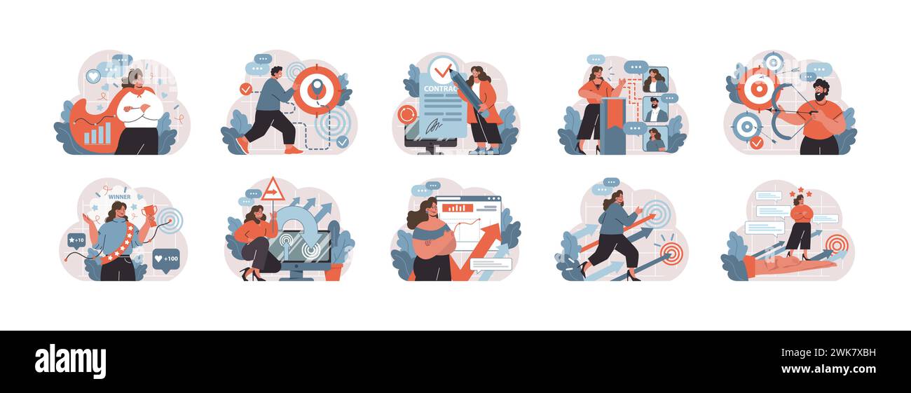 Corporate success set. Illustrations depict professionals in goal ...