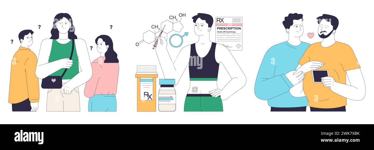 Gender transition consequences set. Gender-affirming therapy, positive ...