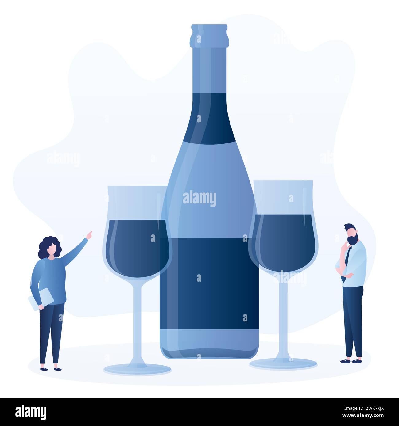 Bottle and two glasses. People think about alcohol. Beauty woman shows ...