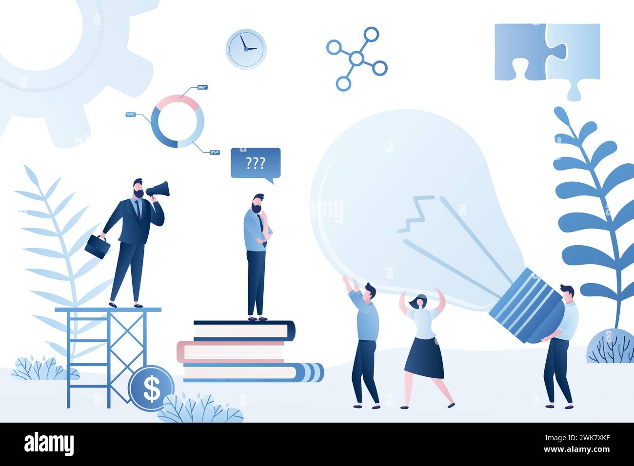 Businesspeople holding big idea bulb. Male boss use loudspeaker,office ...