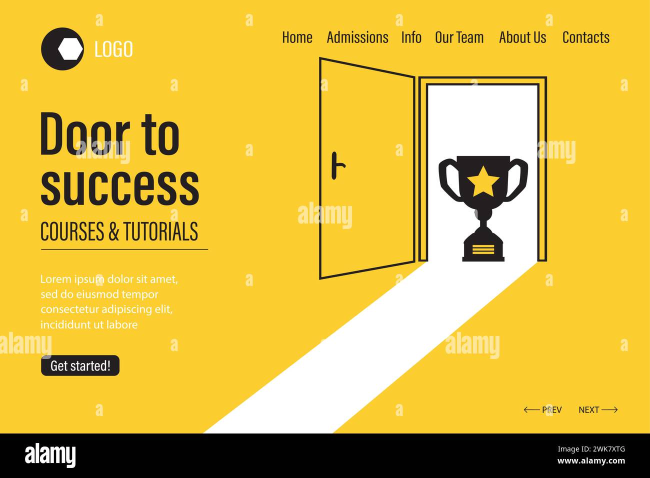 Door to success landing page. Open door and winner cup in doorway ...
