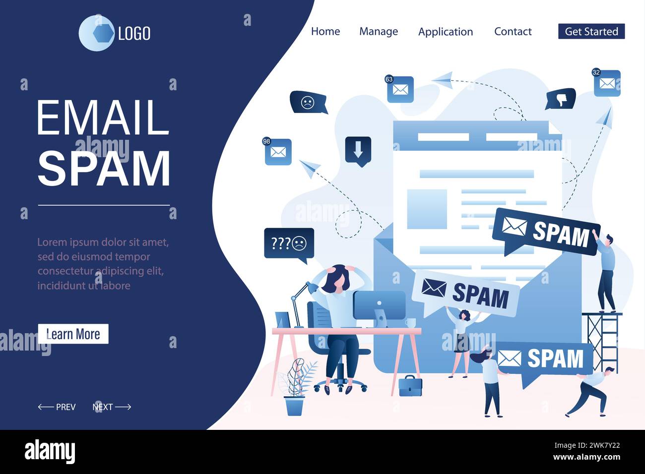 Spamming and hacking attack landing page template. Unhappy businesswoman. Malware, phishing ...