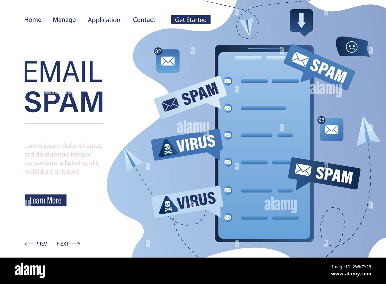 Spam landing page template. Modern mobile phone with mail application ...