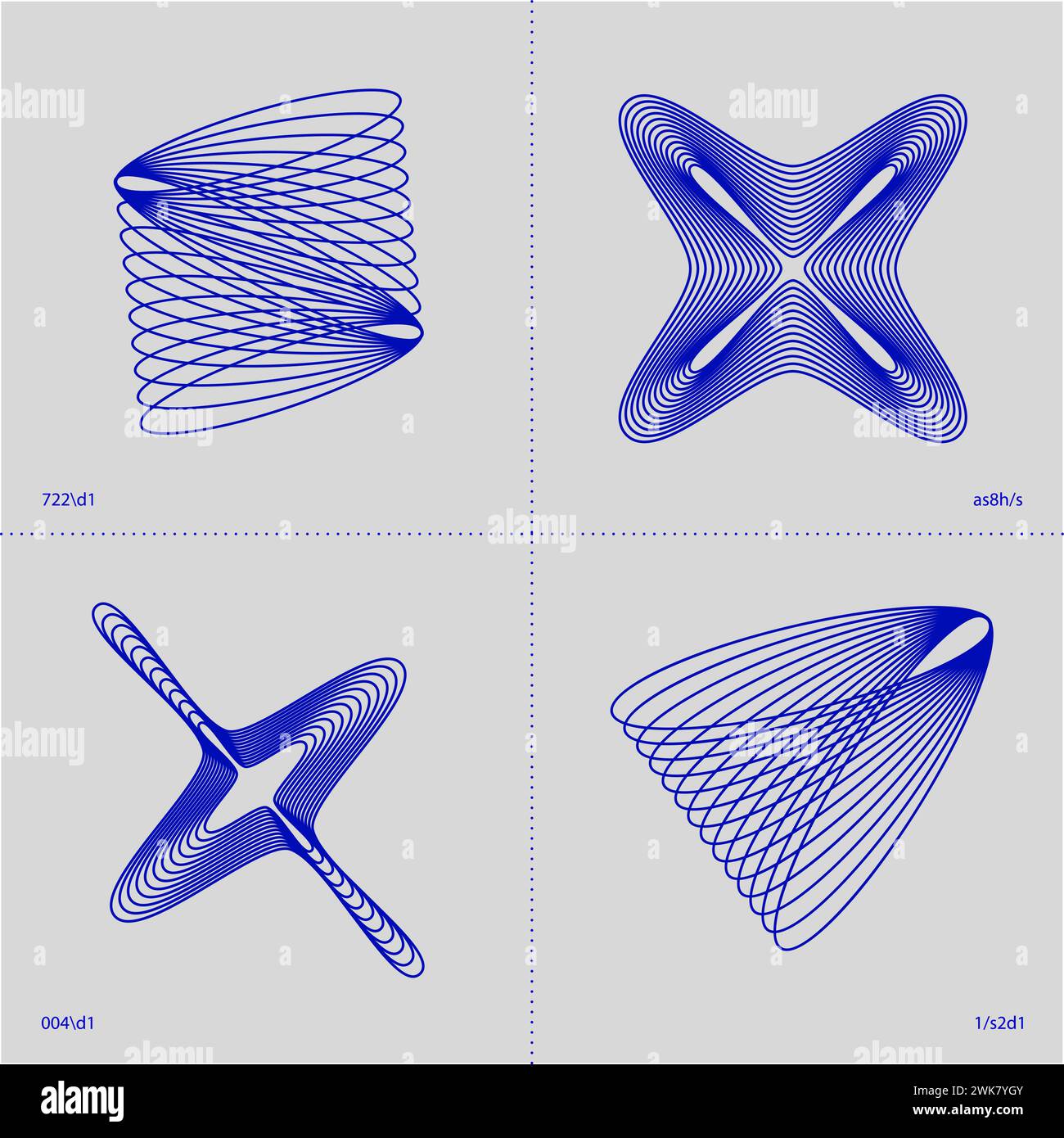 Four geometric line patterns creating abstract three-dimensional shapes on grey grid. Modern ...