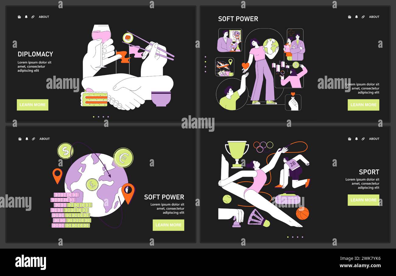 Soft power dark or night mode web or landing set. Global connectivity ...