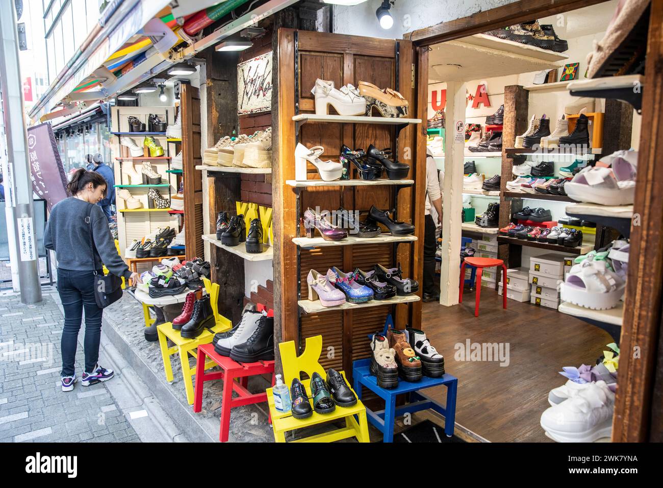 Harajuku ward Tokyo, fashionable and high heel shoes and platform boots ...
