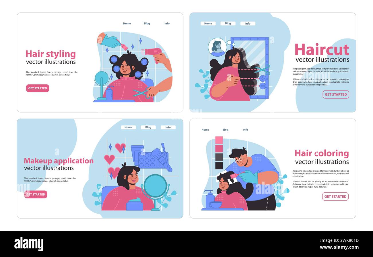 Vibrant beauty service web banners showcasing hair styling, haircut, makeup application, and ...