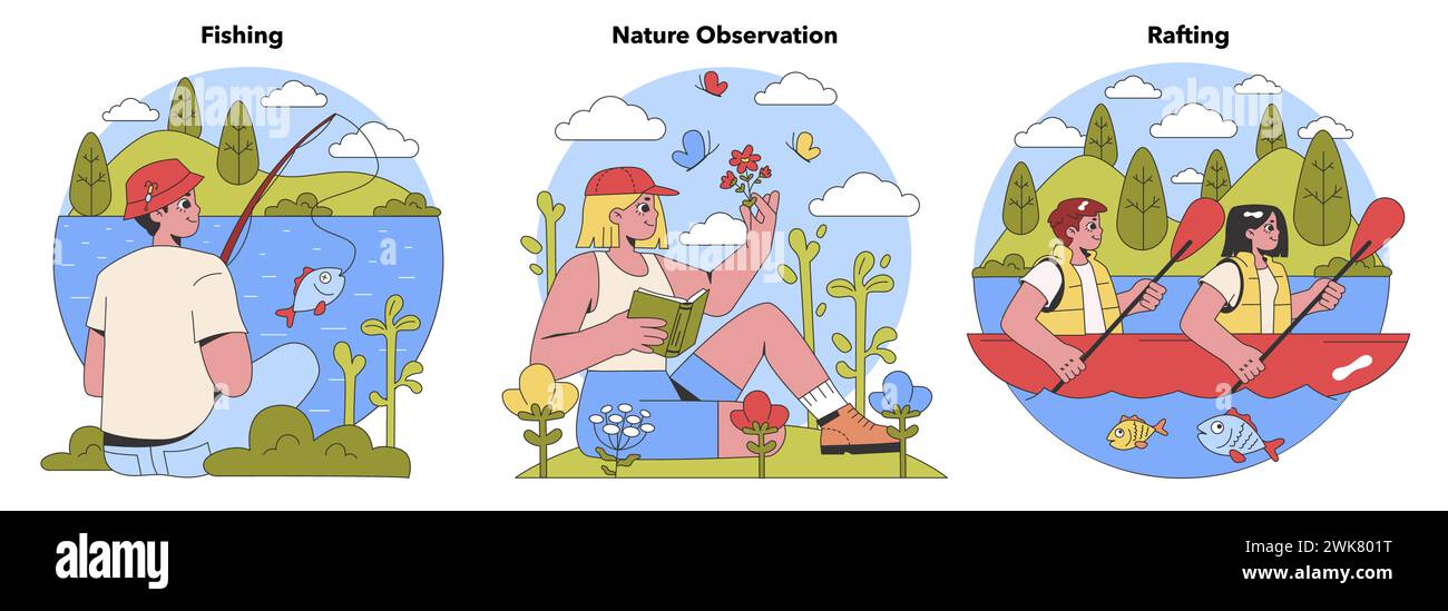 Outdoor Activities set. Serene fishing, focused nature study, adventurous rafting. Leisure ...