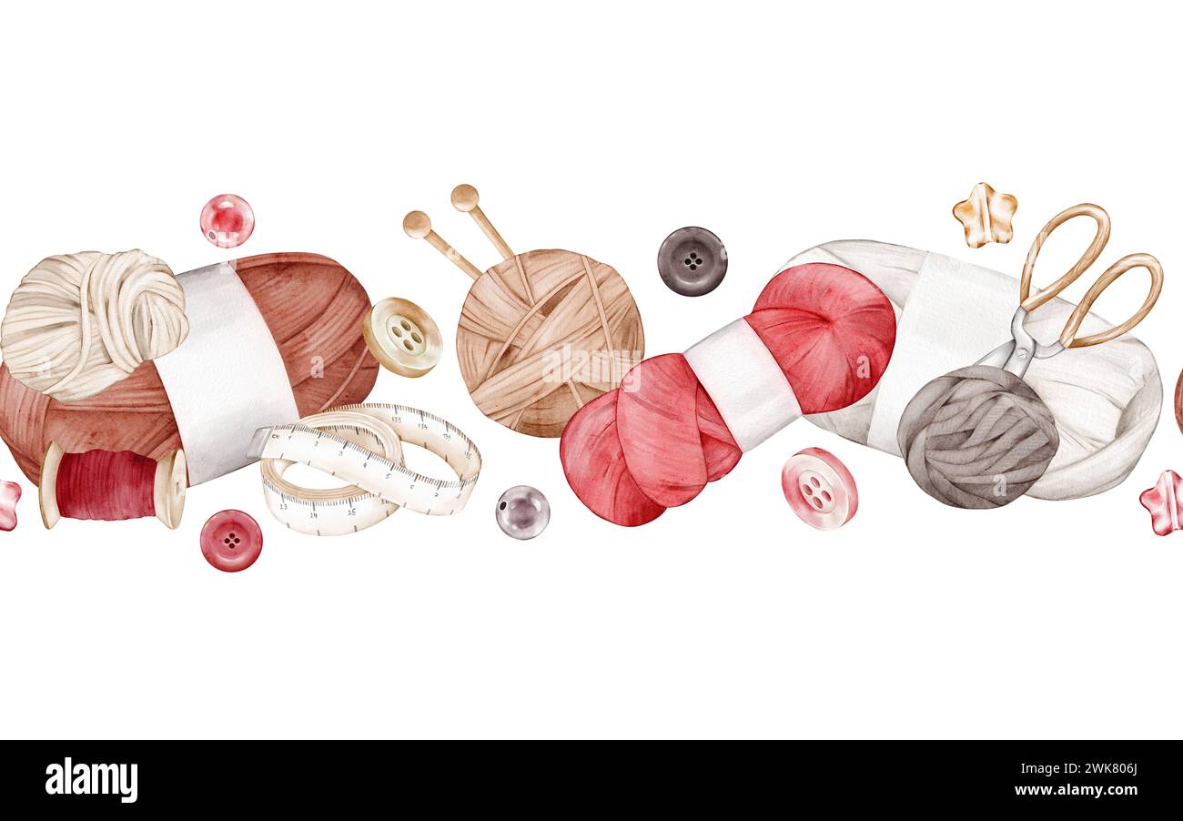 Watercolor seamless border with skeins of yarn, balls of thread ...