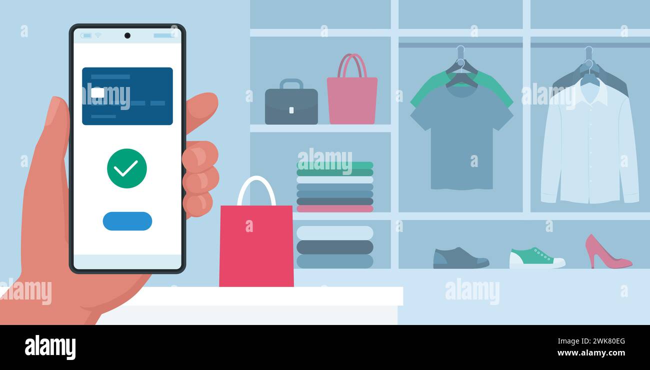 Customer using a mobile wallet app on his smartphone in a clothing ...