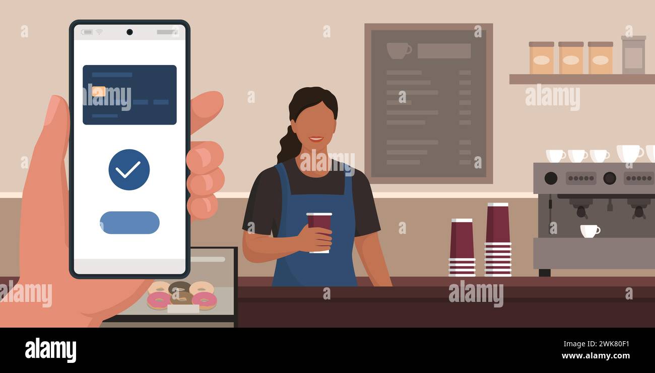 Customer using a mobile wallet on smartphone and paying in a coffee ...