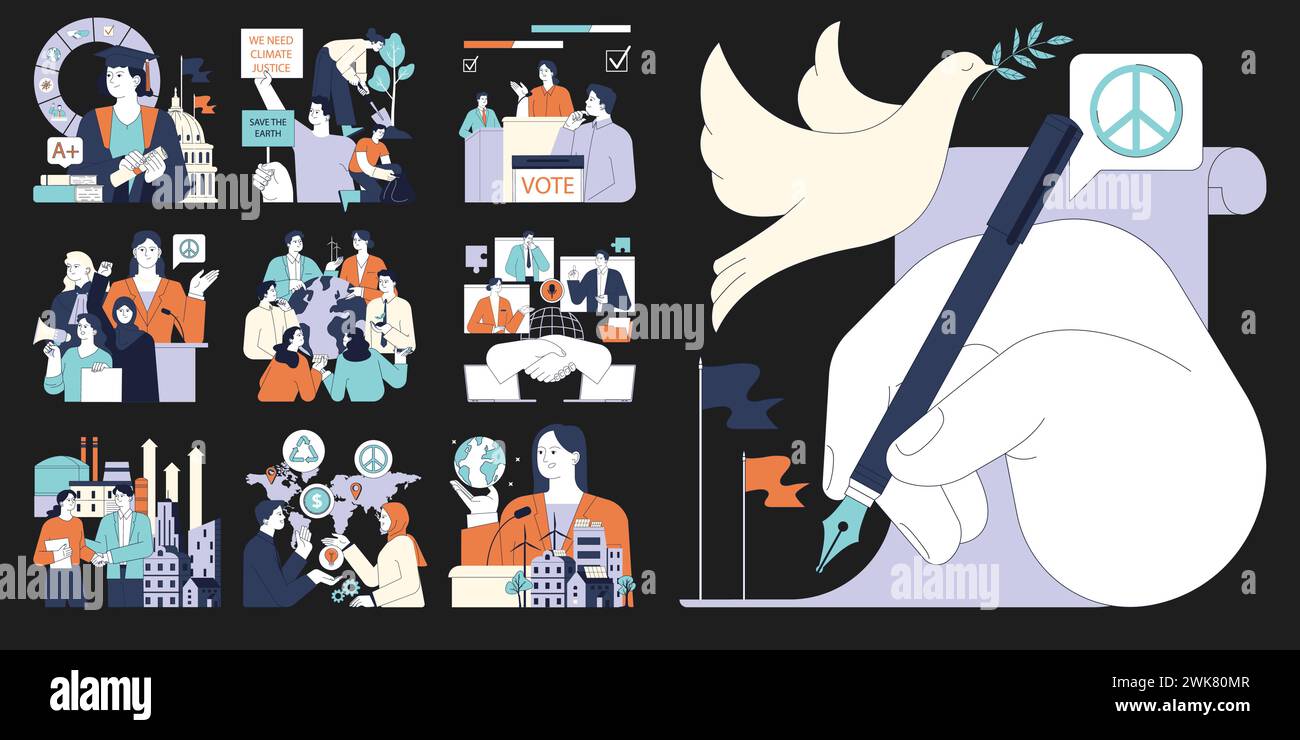 Political action dark or night mode set. Diverse people involved in ...