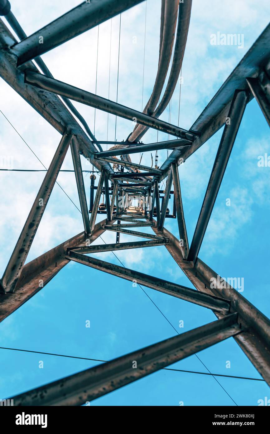 Low angle view of electricity pylon structure as abstract background ...