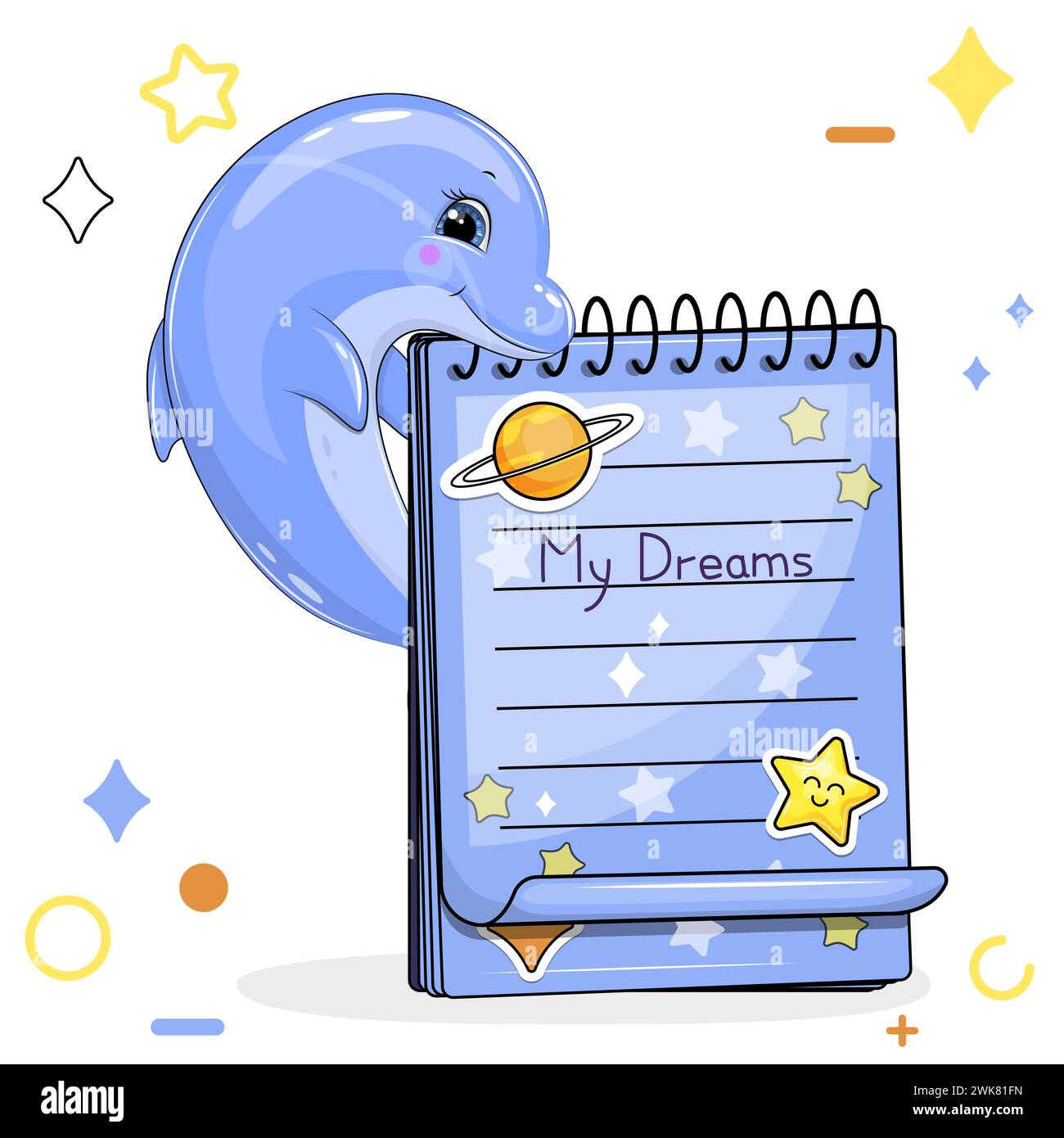 A cute cartoon dolphin and a blue notebook with stickers. Vector ...