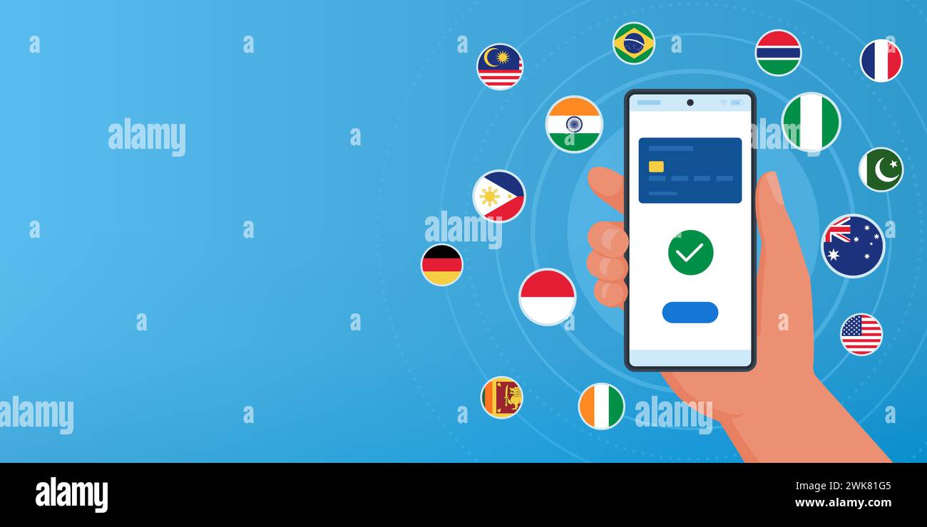 Hand holding a smartphone and international flags: payments, money ...