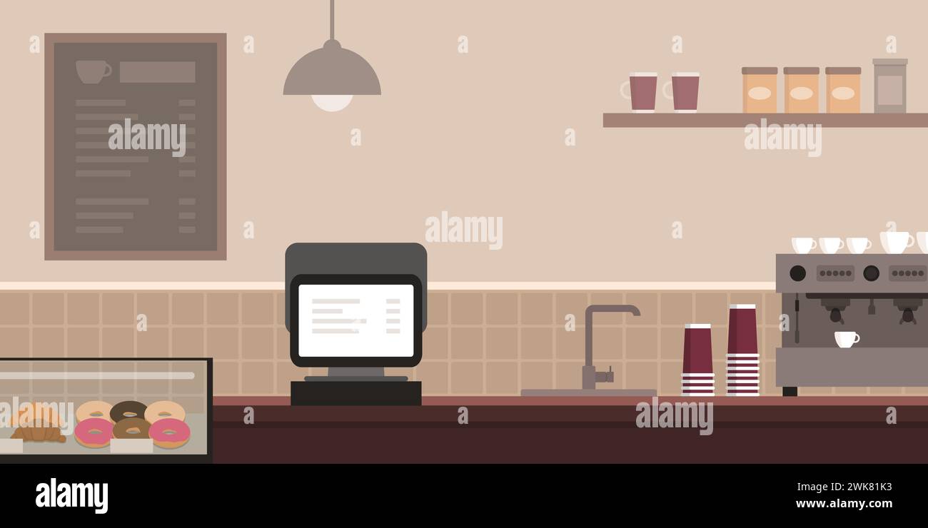 Contemporary cafe interior counter with cash register and professional ...