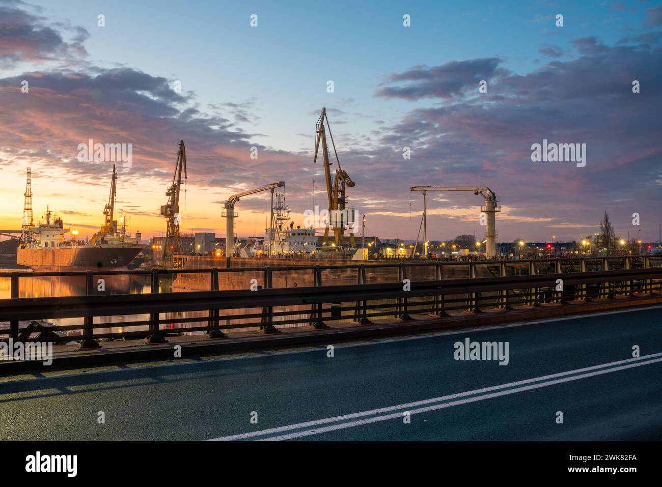 viaduct road over industrial sites, shipyard, harbour and power station ...