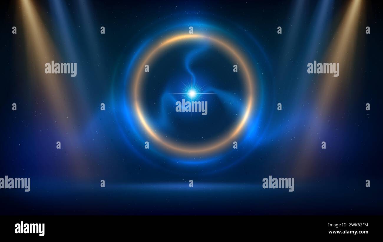 Golden, blue spotlight backdrop. Stage with golden blue circular ...