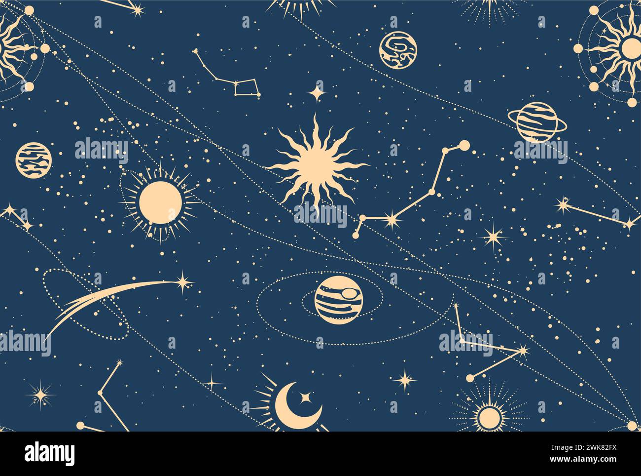 Seamless mystic space pattern, cosmos background in tarot style, astrology magic sky with ...