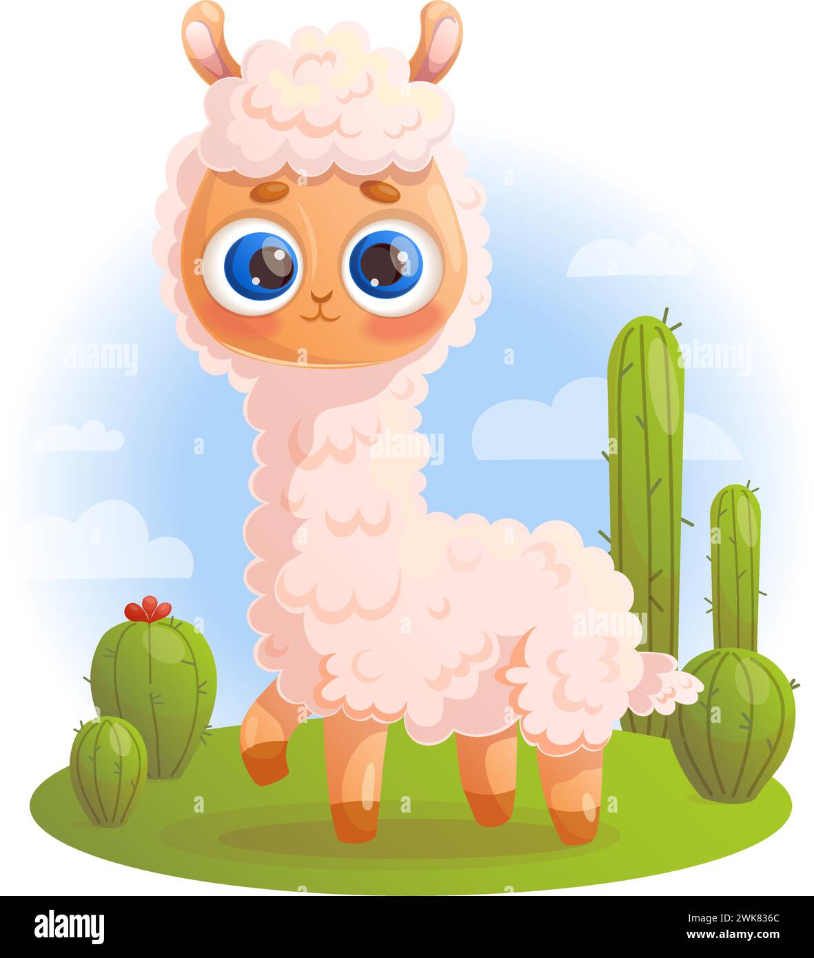 Llama alpaca. Cute animal against background of sky and cacti. Vector ...